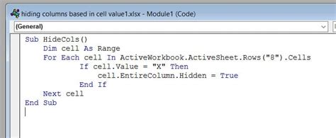 how to hide columns based on cell value in excel