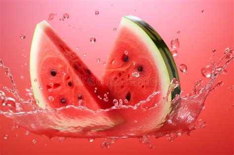 Watermelon Slices In Splashes Of Water And Watermelon Juice On A Red