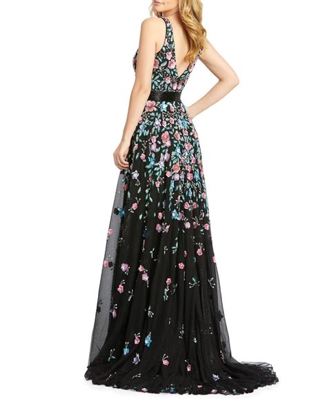 Mac Duggal Synthetic Floral Embroidered V Neck Gown In Black Lyst