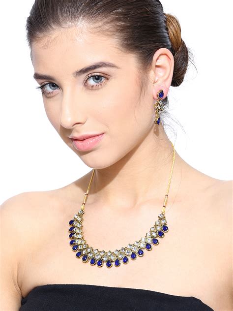 Buy Zaveri Pearls Non Plated Blue And Gold Alloy Necklace Set For Women