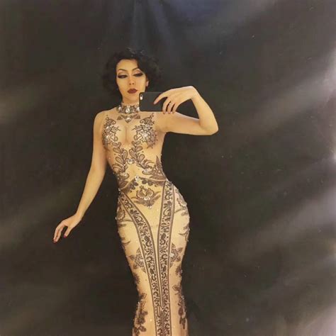 Shining Big Crystals Printing Dress Sexy Nightclub Stones High Neck