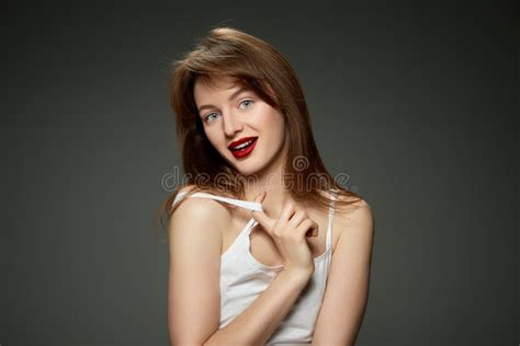 Tender Attractive Blue Eyes Young Girl With Spotless Skin Red Lips