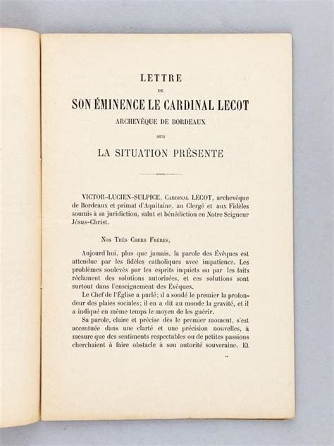 Lettre De Son Eminence Le Cardinal Lecot Archevêque De Bordeaux Sur La