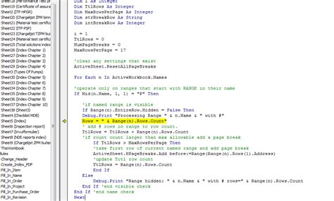 excel vba not splitting named ranges rows when using page break in