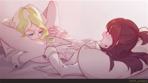 Rule 34 2girls Akko Kagari Blue Eyes Blush Brown Hair Cunnilingus