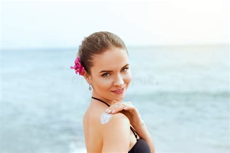 Sun Protection Girl Using Sunscreen To Safe Her Skin Healthy Young