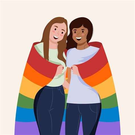 Hermosa Pareja De Lesbianas Con Bandera Lgbt Ilustrada Vector Gratis