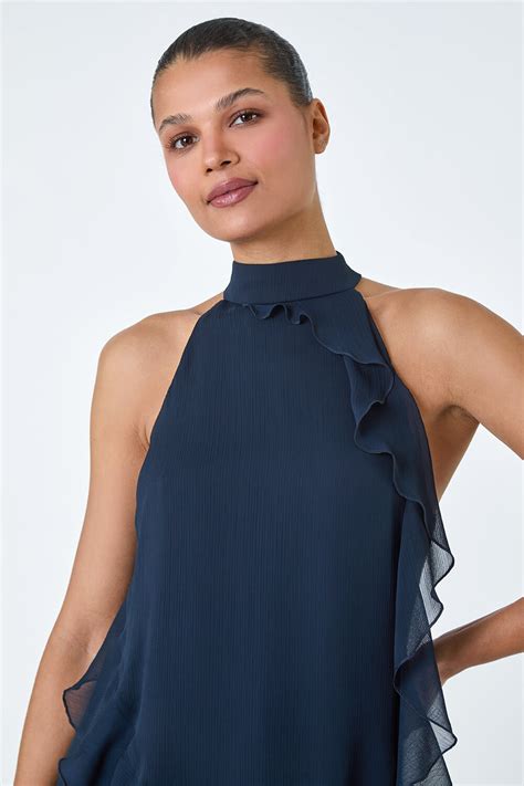 Navy Halterneck Asymmetric Frill Detail Top Roman Uk