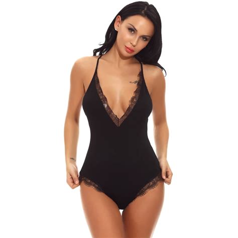 Erotic Women Teddies Solid Floral Lace Plunge V Neck Sleeveless Cross