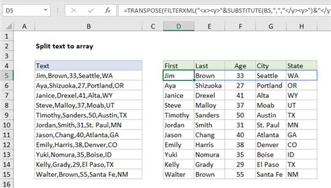 excel formula text split to array exceljet