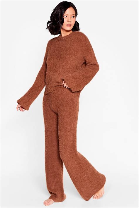 Womens Luxe Good To Me Fluffy Knit Wide Leg Lounge Set Boohoo Uk