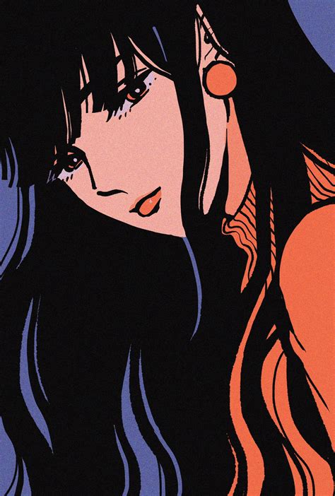 Safebooru 1girl Bangs Black Hair Blue Background Earrings Flat Color