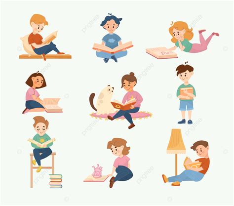 أطفال سعداء قراءة كتاب الرسوم التوضيحية الرسوم المتحركة مجموعة مسطحة