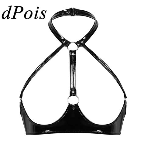 Womens Sexy Open Cups Bra Wet Look Patent Leather Lingerie Halter Neck