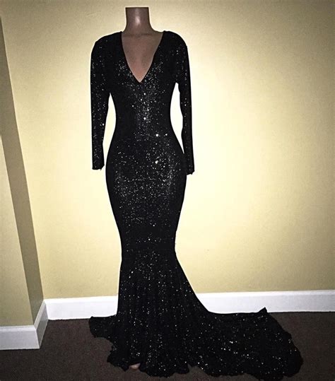 Black Sequins Prom Dress Long Sleeve Mermaid Dresses Sequin Prom