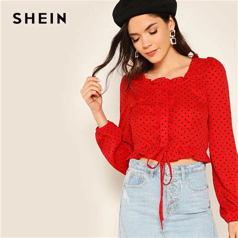 Shein Red Button Up Frill Trim Polka Dot Crop Blouse Women Spring