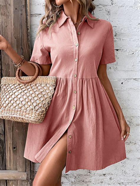 Shein Lune Solid Button Front Smock Dress Shein Usa