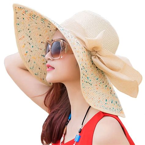 Itopfox Womens Foldable Floppy Big Bowknot Straw Sun Hat Wide Brim
