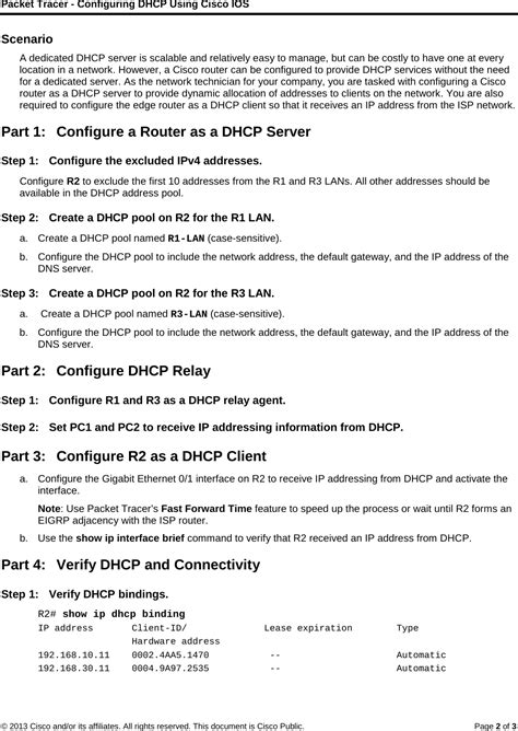 8 1 3 3 Packet Tracer Configuring Dhcpv4 Using Cisco Ios Instructions