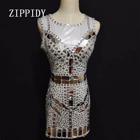 Sparkly Silver Full Crystals Mirrors Sexy Dress Shining Rhinestones