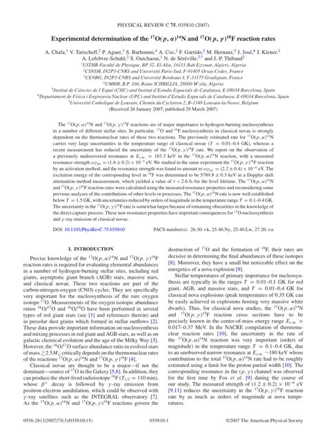 Pdf Experimental Determination Of The {17} O P α {14} N And {17} O