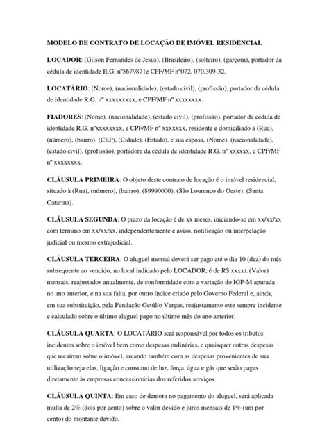 Modelo De Contrato De LocaÇÃo De ImÓvel Residencial