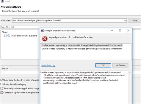 cannot install cvsedit plugin for eclipse pkix path building