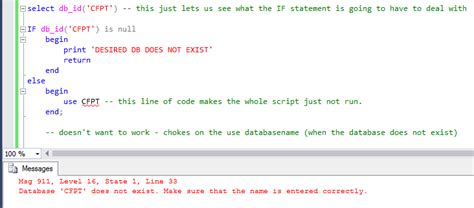 sql server ssms query script won t run if database