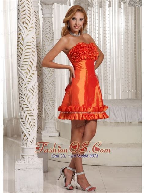 Orange Red Hand Made Flowers A Line Custom Made Prom Dress With Taffeta