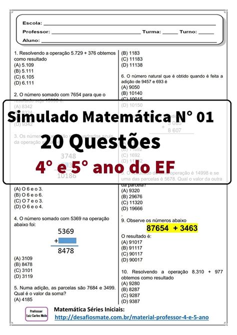 Simulado Atividades Descritores De Matemática 4° E 5° Ano Para Baixar