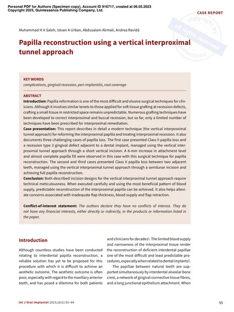 Pdf Papilla Reconstruction Using A Vertical Interproximal Tunnel Approach