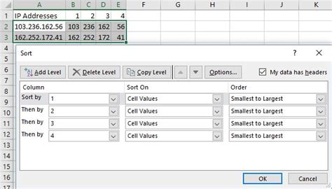 excel how to get cells in excel that contain ip addresses to sort