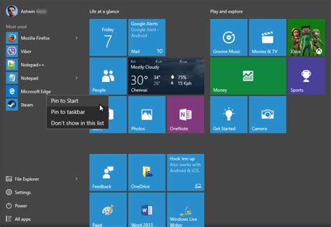 how to pin apps to the taskbar or start in windows 10