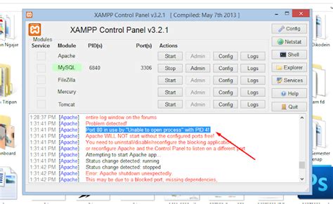 cara mengatasi error port 80 in use by unable to open process with