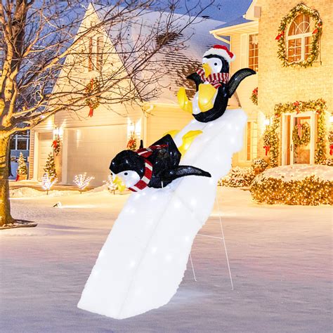 Tangkula 4 Ft Lighted Christmas Penguin Slide Scene Decoration Tangkula