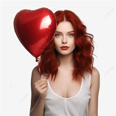 Beautiful Redhead Girl With Red Heart Baloon Posing Happy Valentine S