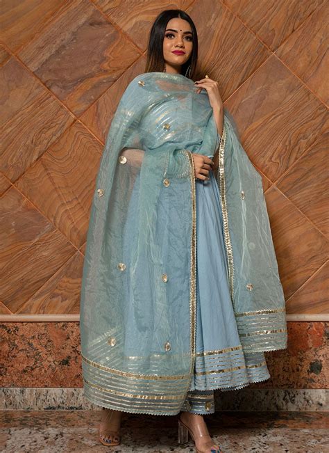 Shop Powder Blue Pure Cotton Gota Patti Work Anarkali Suit Party Wear