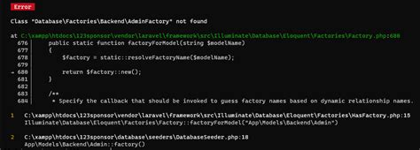 php laravel 8 error no found class database factories