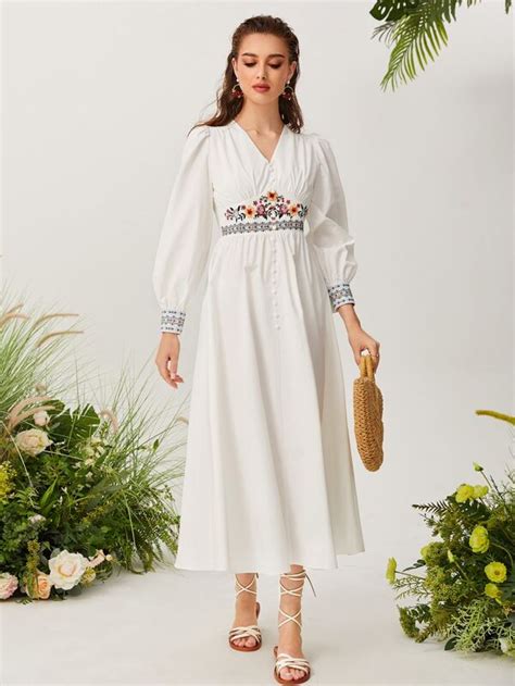 Shein Mulvari Floral Embroidery Bishop Sleeve Dress Shein