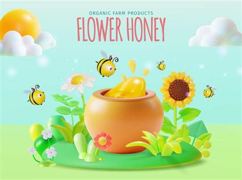 3d Organic Farm Products Flower Honey Concept Banner Poster Card