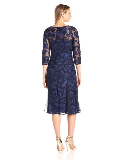 Alex Evenings Womens Tea Length Embroidered Dress With Illusion Sleeves