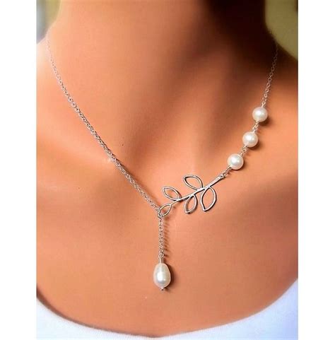 Boho Freshwater White Pearl Sterling Silver Leaf Branch Chain Necklace