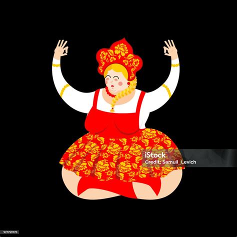 러시아의 요가 러시아 여자 요기입니다 여자 휴식 고 민족 의상에서 명상입니다 민족 역사 Khokhloma 회화 Kokoshnik