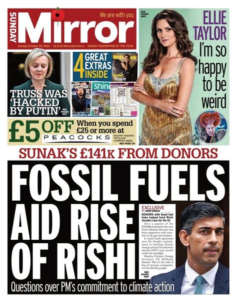 Sunday Mirror Front Page 30th Of October 2022 Tomorrows Papers Today