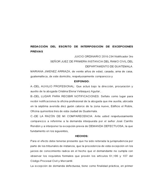 Redacción Del Escrito De Interposición De Excepciones Previas