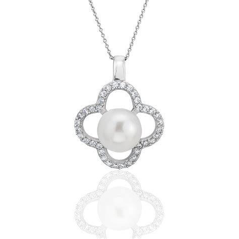 Freshwater Cultured Pearl Pendant With White Topaz Clover Halo In