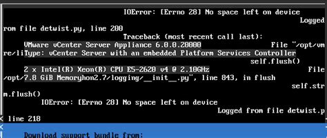 solved how to access shell when no space left on device vmware