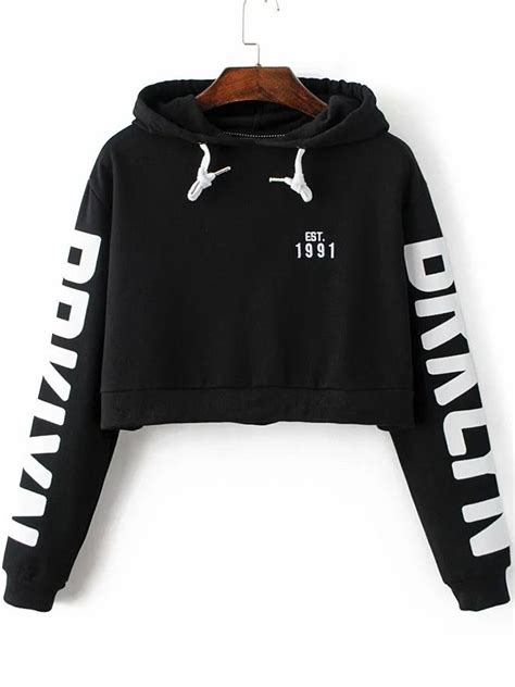 Shop Black Letter Print Hooded Crop Sweatshirt Online Shein Offers