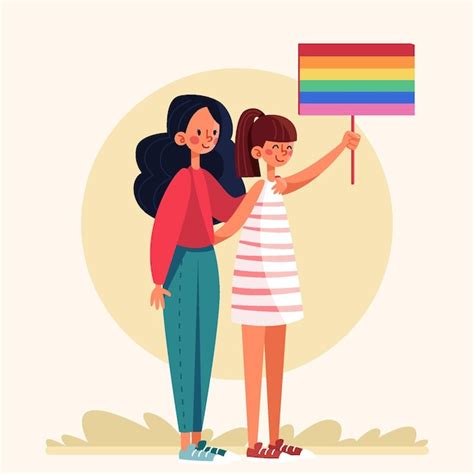 Pareja De Lesbianas Con Bandera Lgbt Ilustrada Vector Gratis