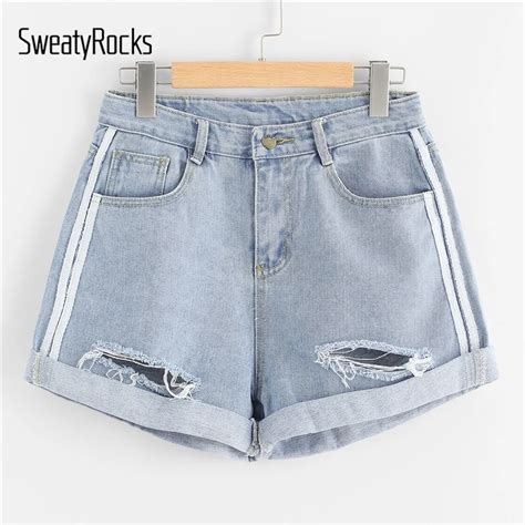 Buy Sweatyrocks Rips Denim Shorts Women Button Fly Mid